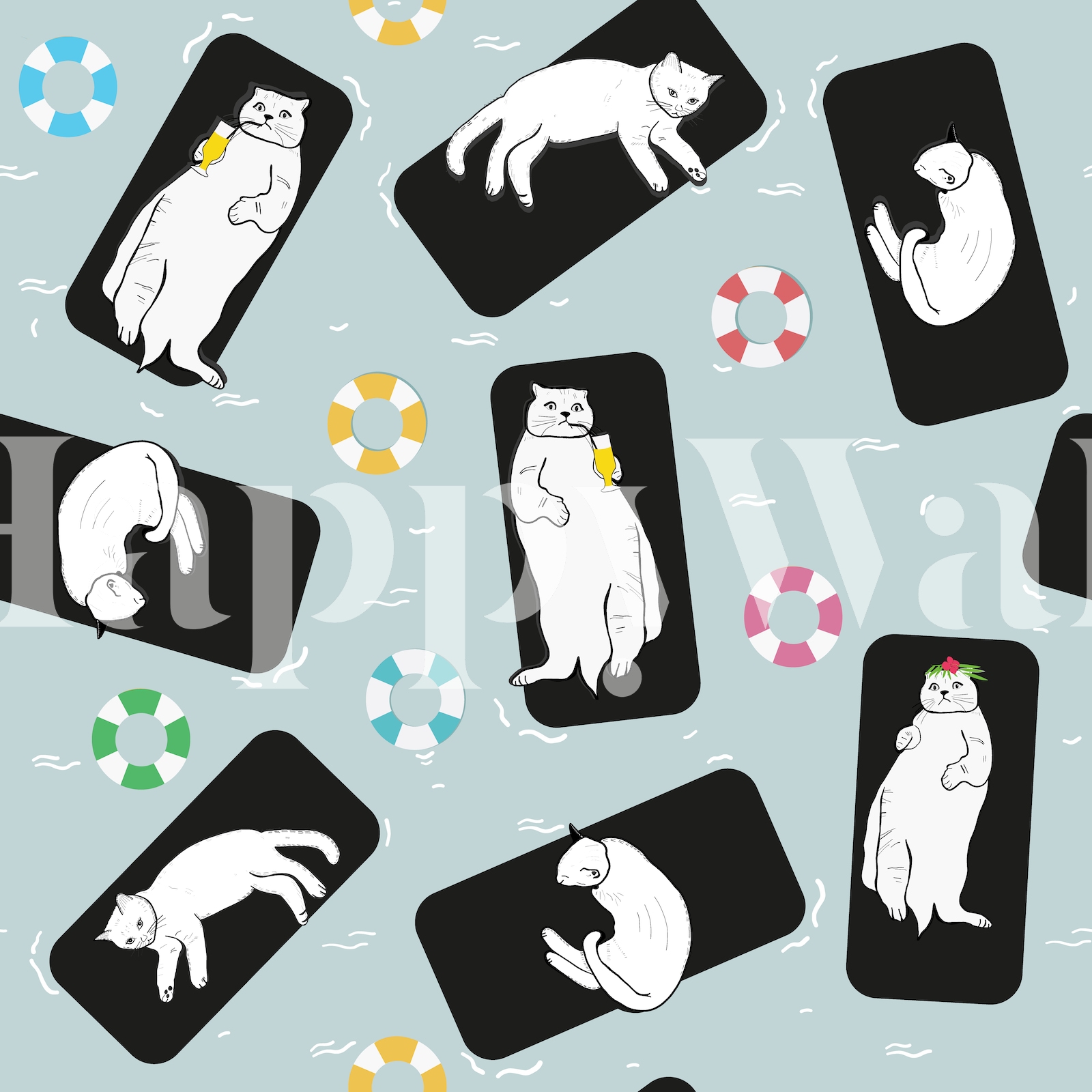 Hand Drawn Funny Cats Sunbathing on the Sea Wallpaper - Buy Now