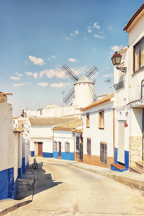 White and Blue Windmill Village Wallpaper