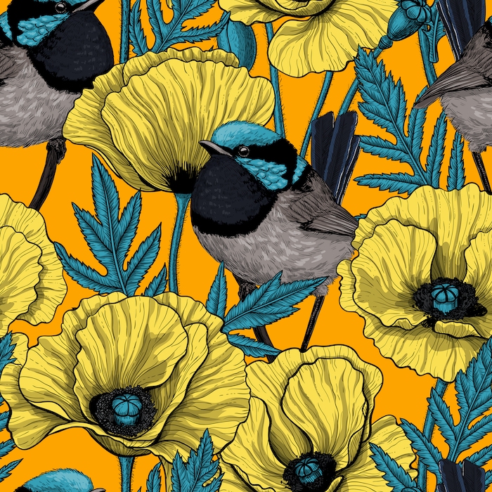 Yellow Poppy and Bird Floral Wallpaper