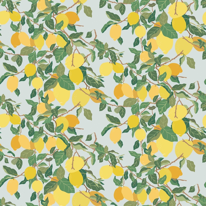 Lemon Tree Floral Wallpaper on Blue Background