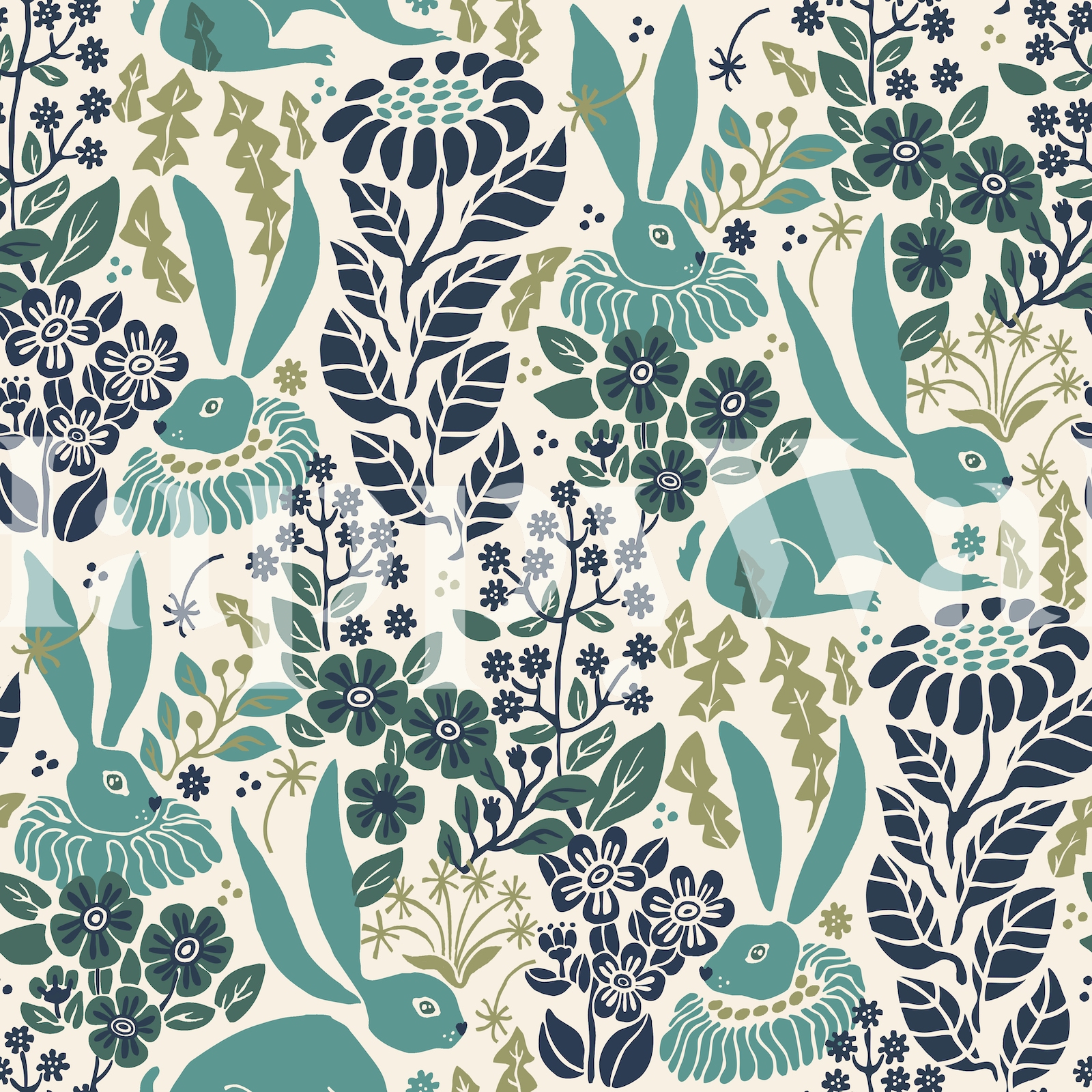Rabbits in a Blue Meadow Wallpaper