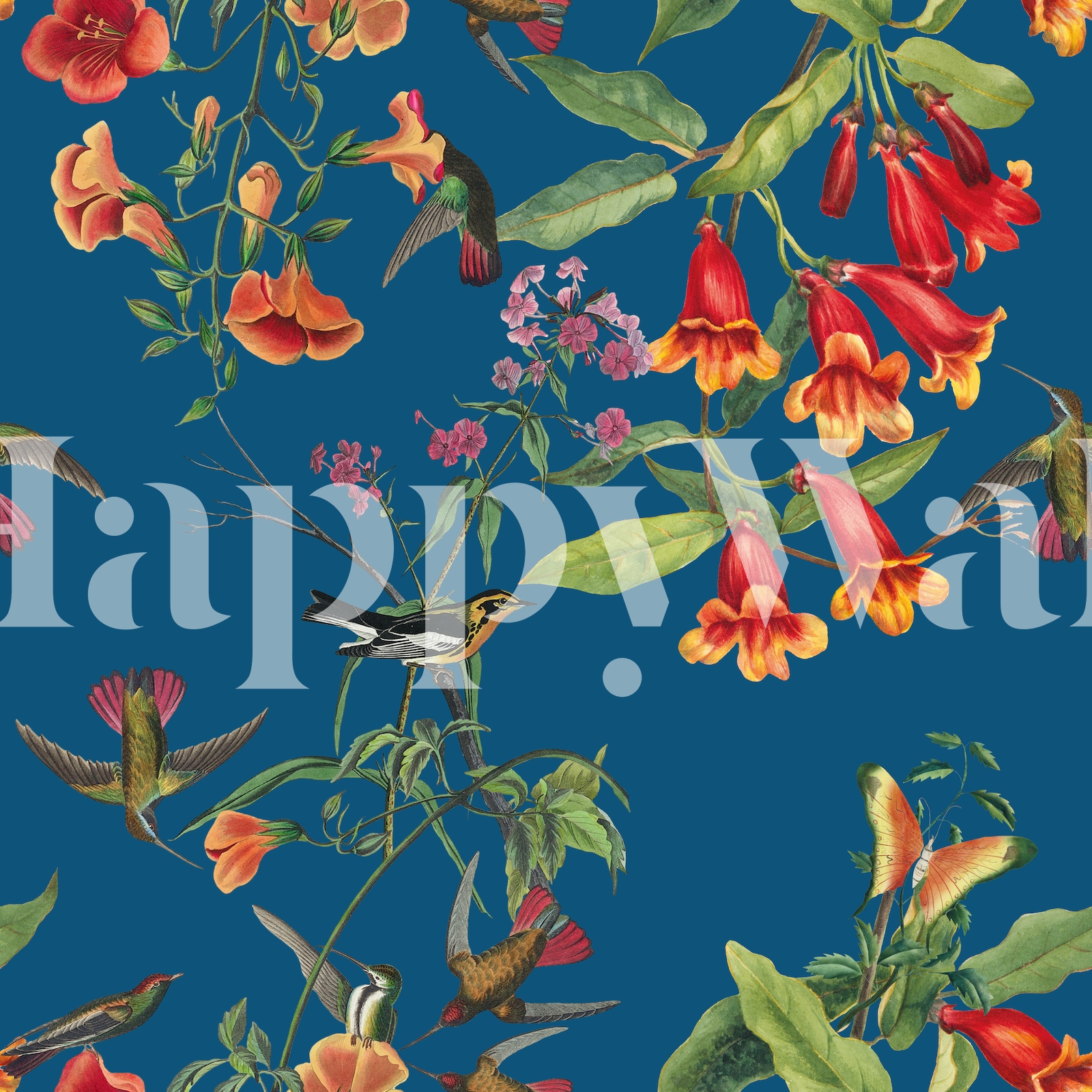 Blue Hummingbird Floral Wallpaper