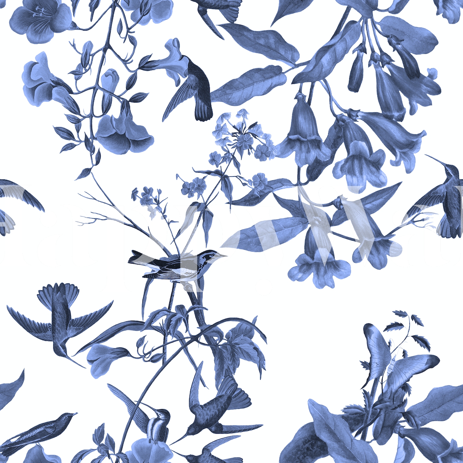 Buy Beautiful Blue Hummingbirds and Flowers Wallpaper | Happywall