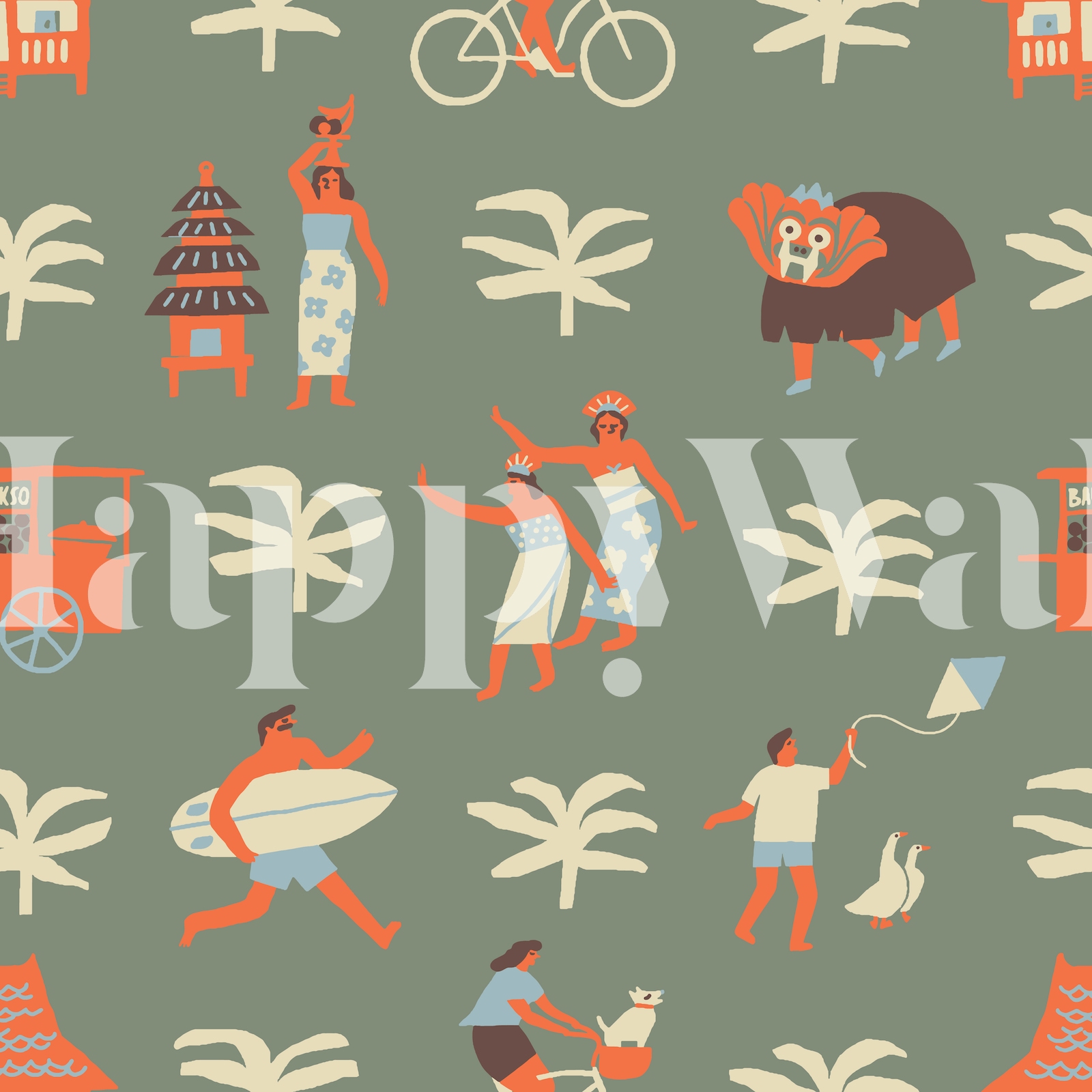 Bali Tropical Scene Wallpaper in Olive Green