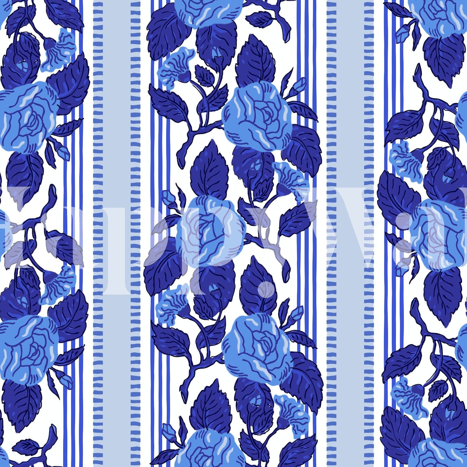 Grand millennial rose ticking blue delft Wallpaper