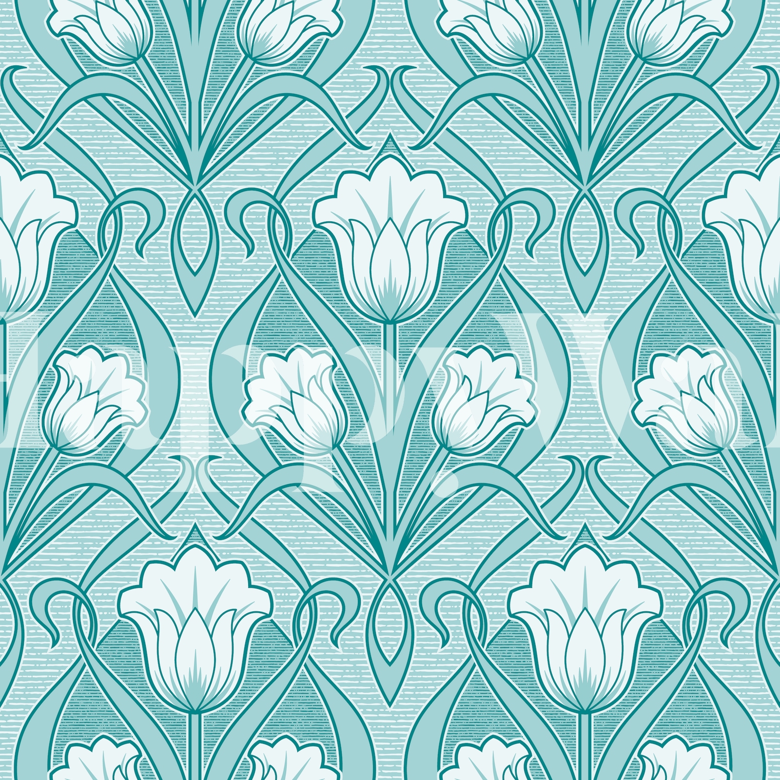 Buy Tulips Art Nouveau Dark Cyan Wallpaper | Happywall