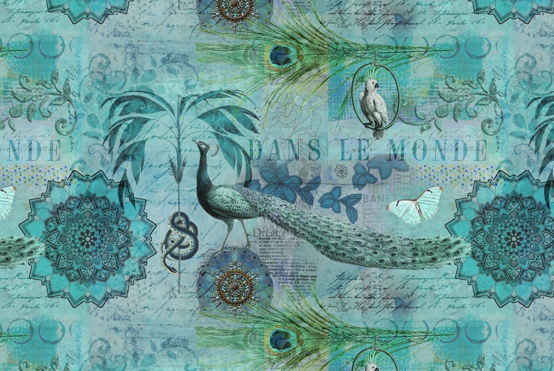 Birds Fantasy World Imaginative Collage Turquoise Green Wallpaper - Buy ...