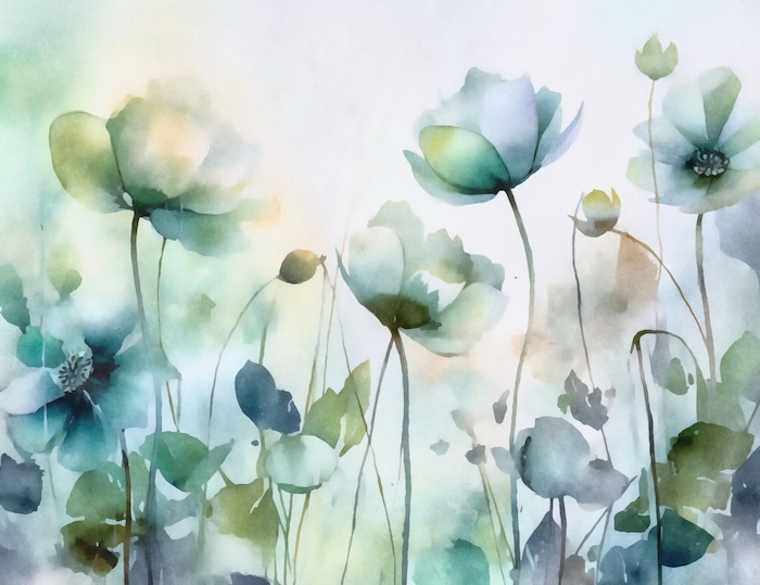 Watercolor Floral Wallpaper Blue Green