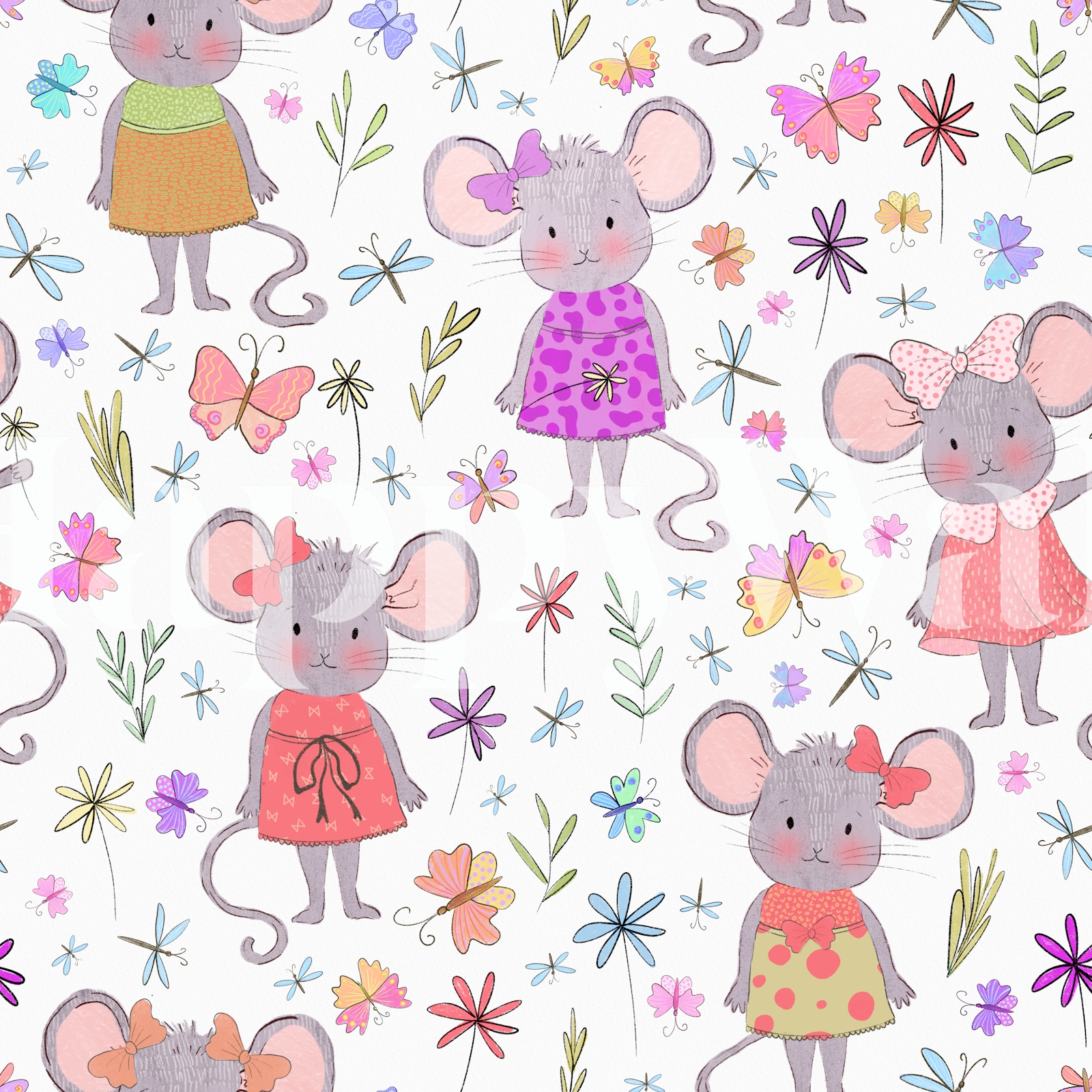 Cute Little Mice Floral Wallpaper
