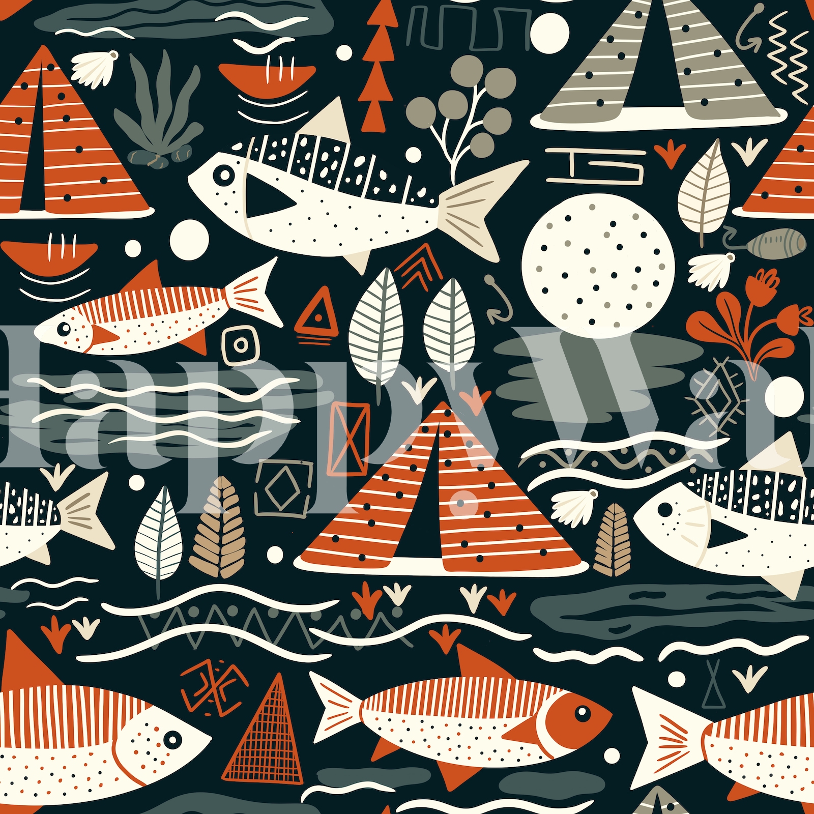Lake Life Fish and Tent Wallpaper