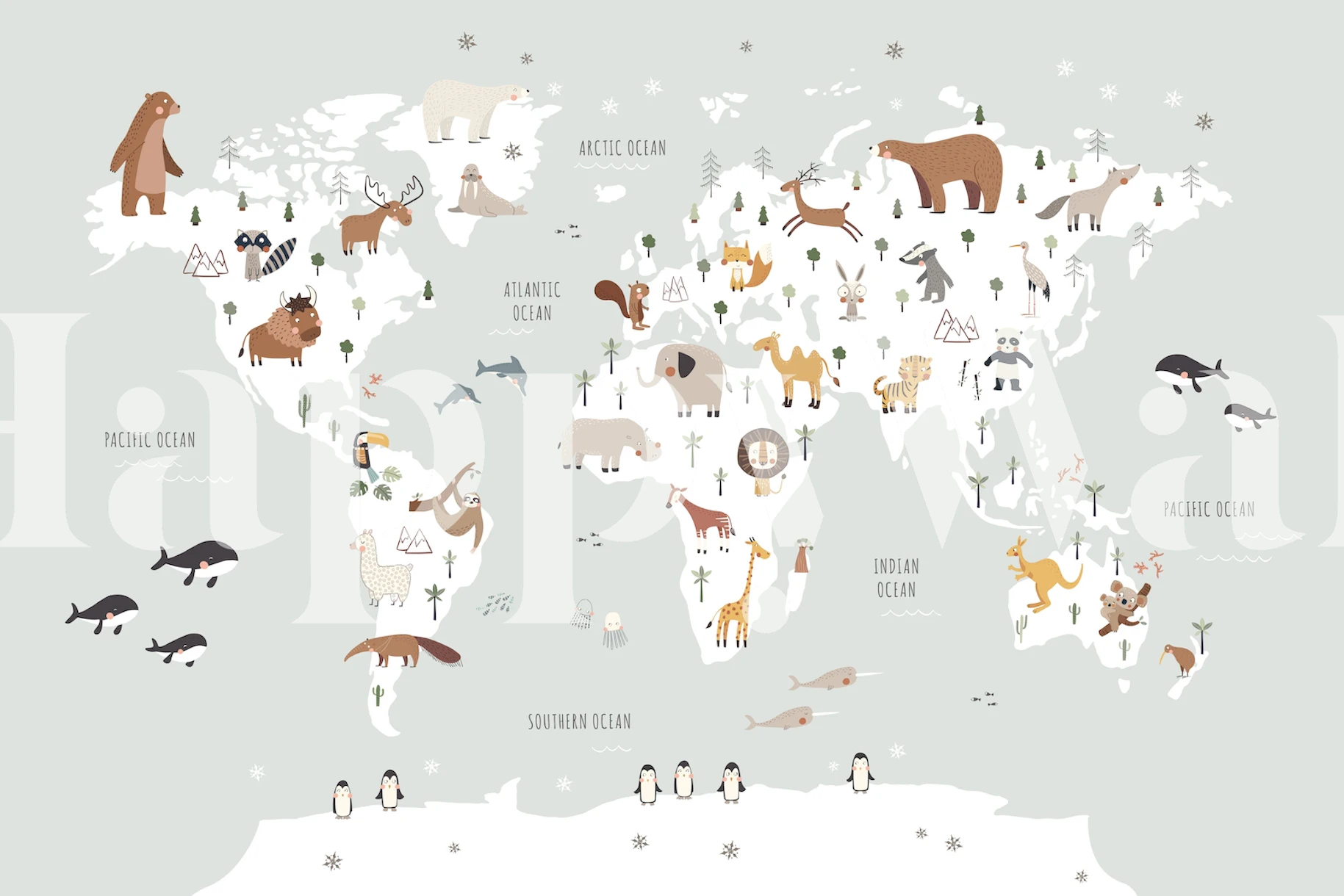 World map with animals panel wallpaper | Happywall