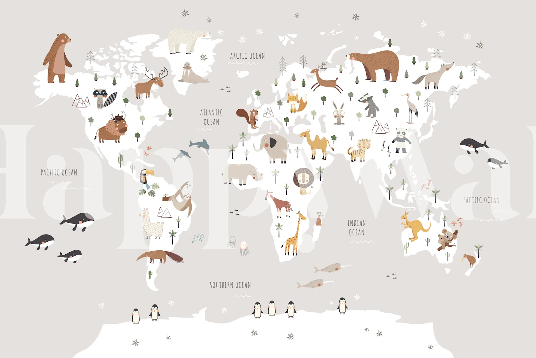 Buy World Map with Animals Gray Wallpaper | Happywall.com