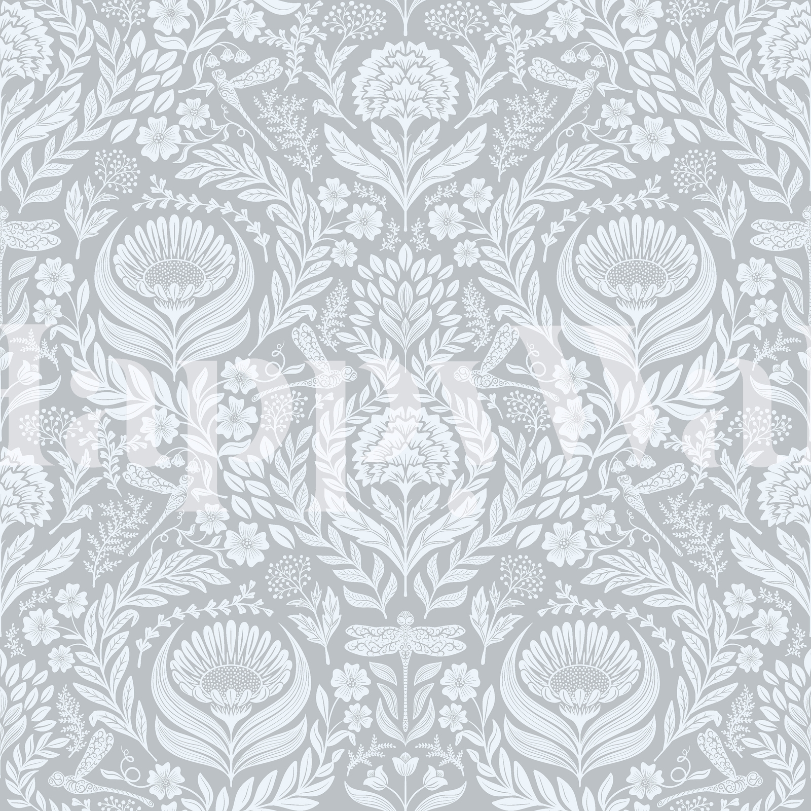 Buy Victorian Dragonflies Damask Icy Grey Wallpaper - Happywall