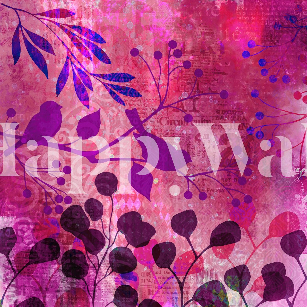 Whimsy Bird Garden Dreamy Mixed Media Art Pink Wallpaper