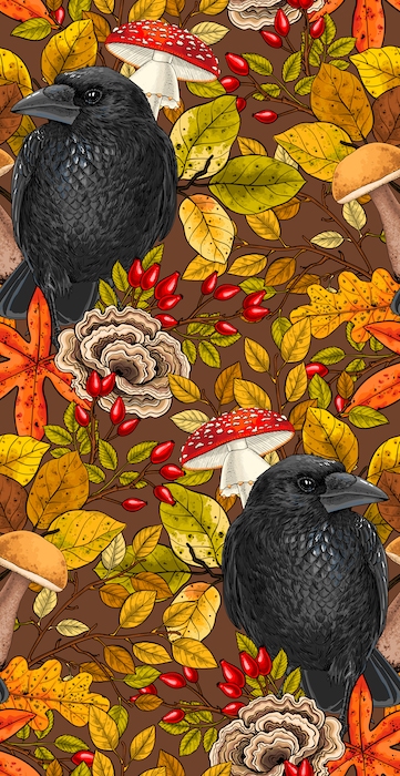 Black Raven Autumn Floral Wallpaper