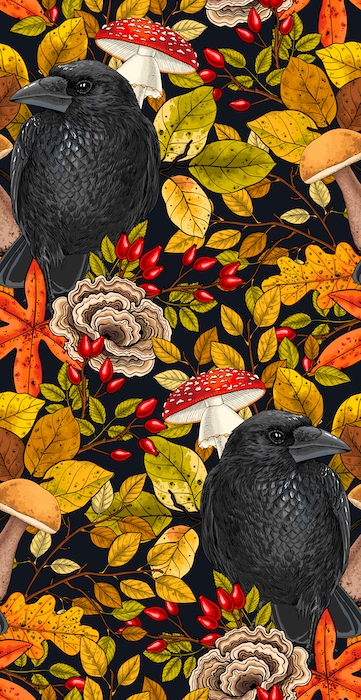 Autumn Raven on Black Wallpaper