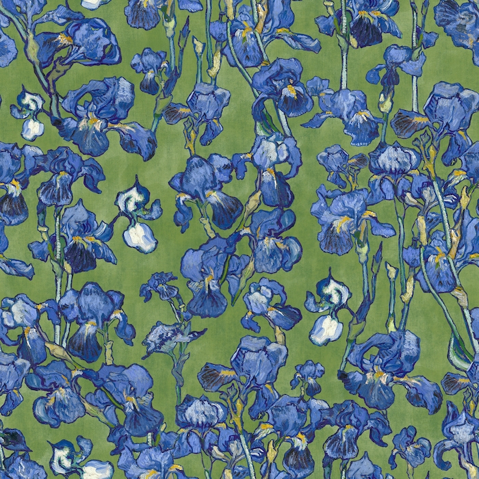 Van Gogh Irises Pattern Wallpaper in Fern Green and Cobalt Blue