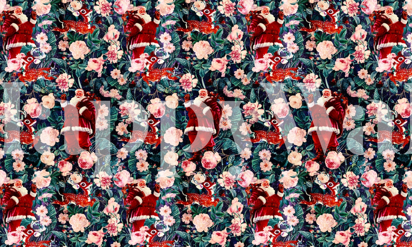 Santa Claus and Floral Pattern Wallpaper