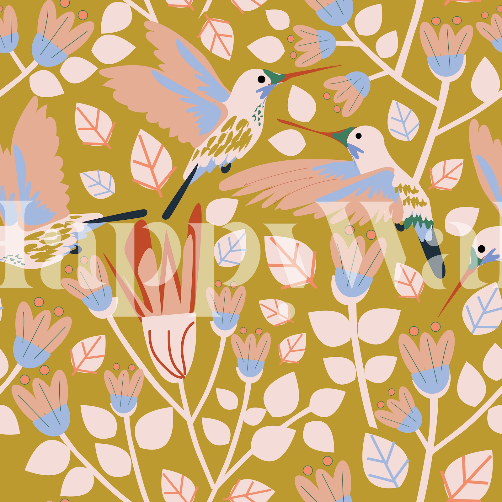 Kids Floral Bird Wallpaper in Dark Green