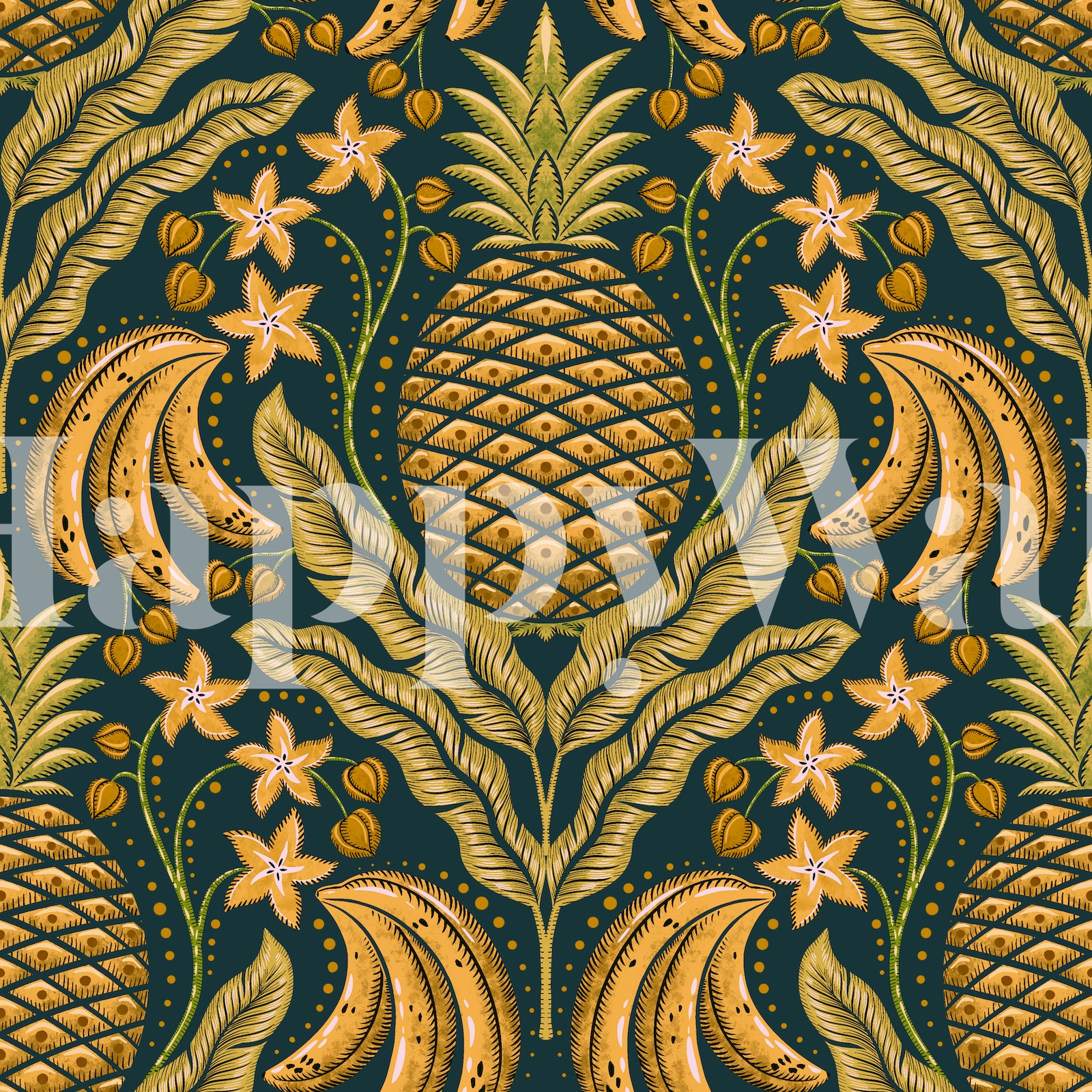 Tropical Fruits Damask Gold on Green Wallpaper | Happywall