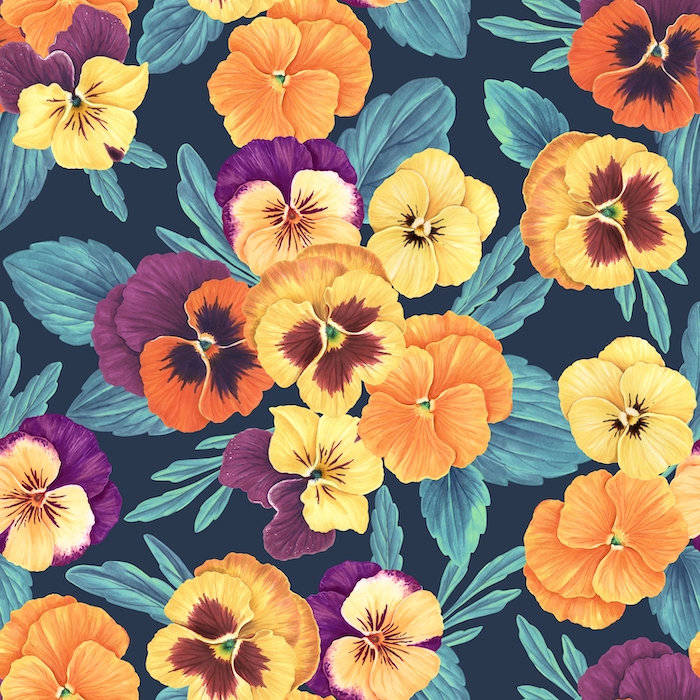 Pansies on Navy Wallpaper - Happywall