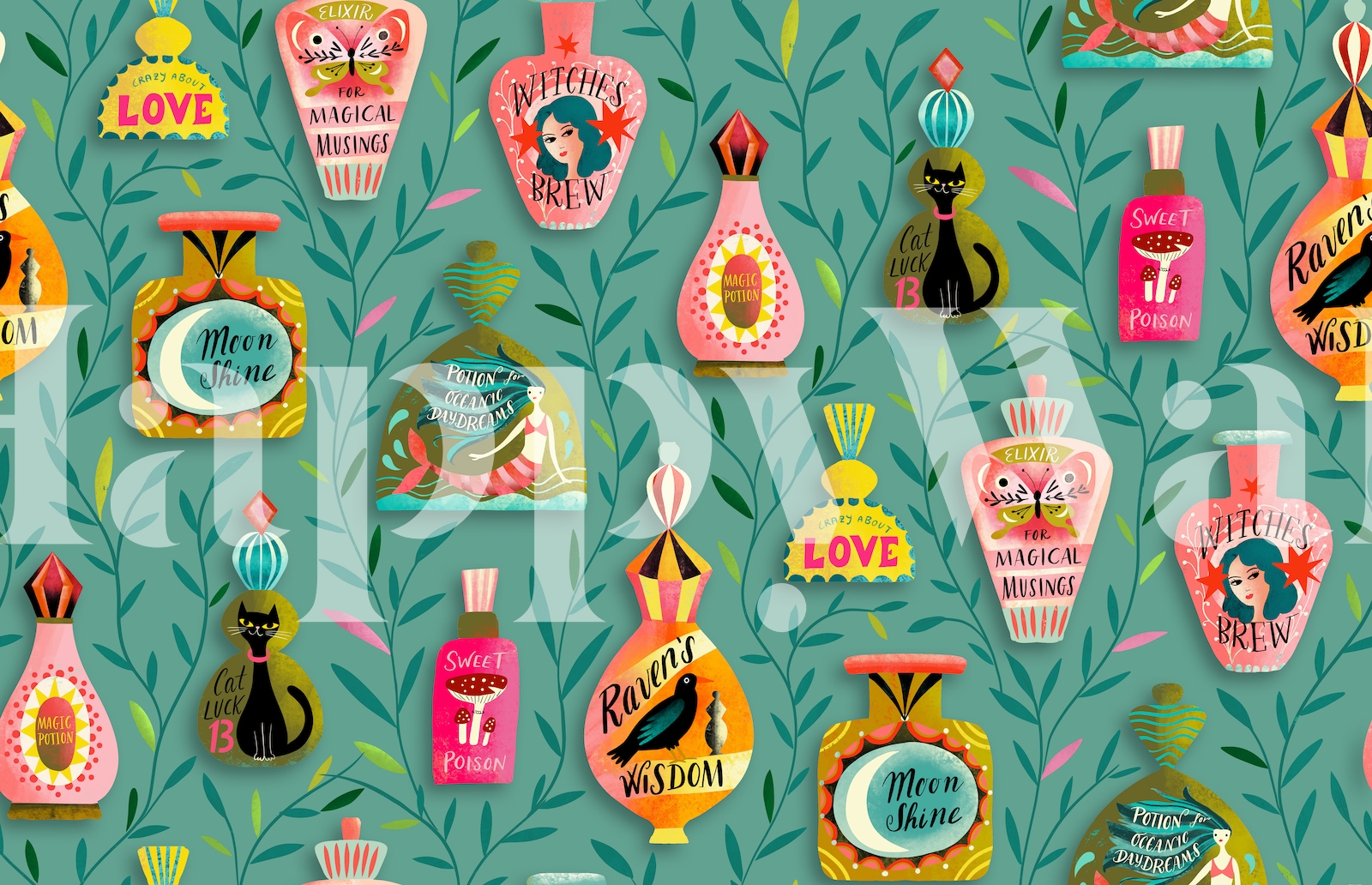 Enchanted Brews Leafy Turquoise Wallpaper - Buy Now at Happywall