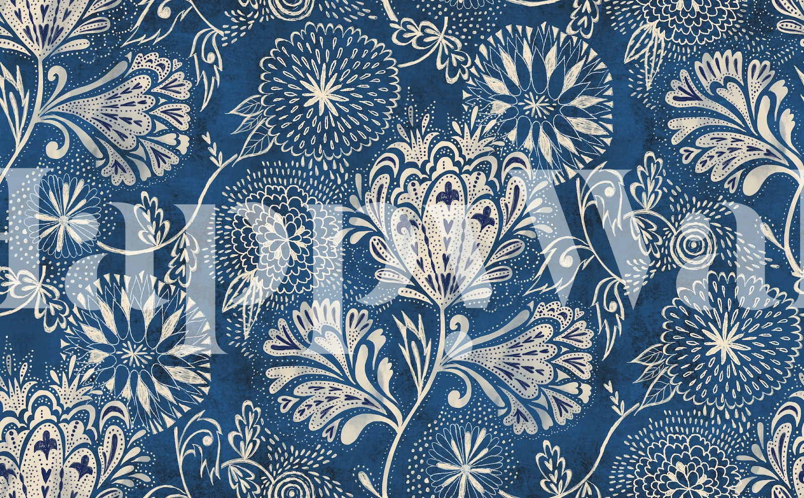 Indigo Blue Floral Wallpaper with Shibori Pattern