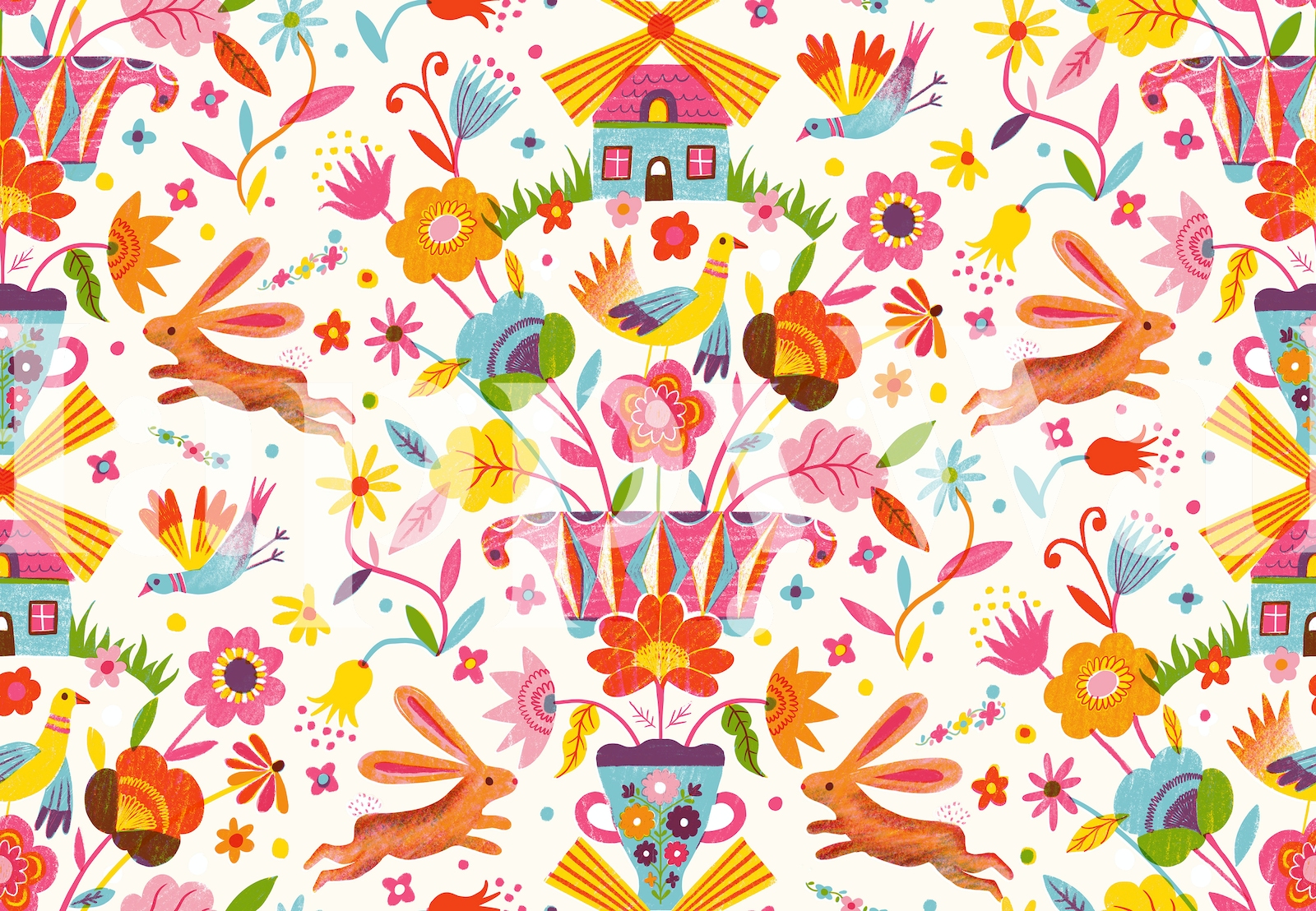 Colorful Folk Art Floral Kids Wallpaper