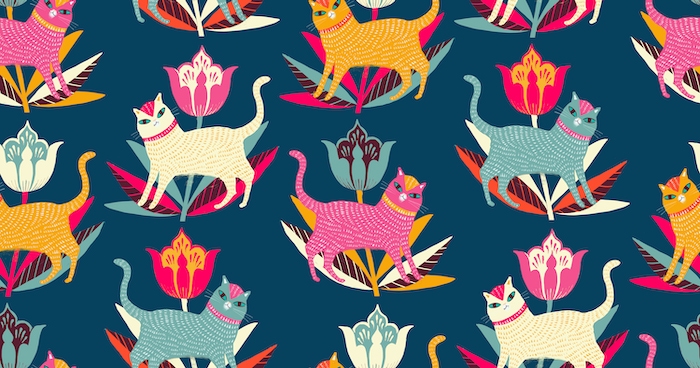 bright cats and tulips wallpaper | Happywall
