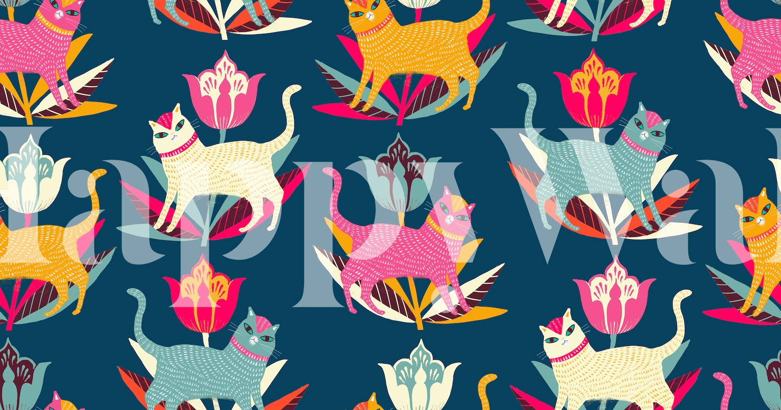 Bright Cats and Tulips Wallpaper - Happywall.com