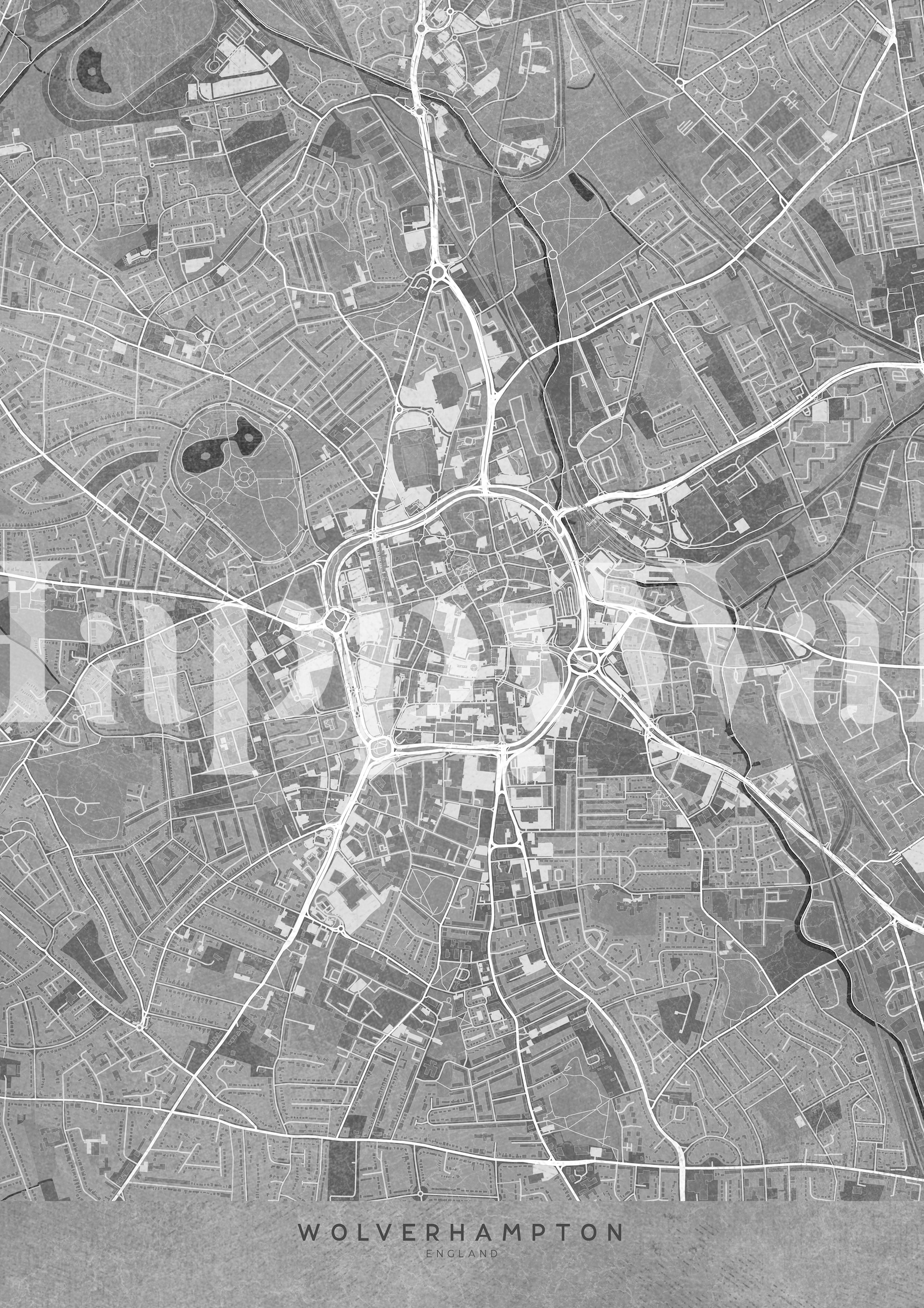 Gray Map of Wolverhampton Downtown - Happywall