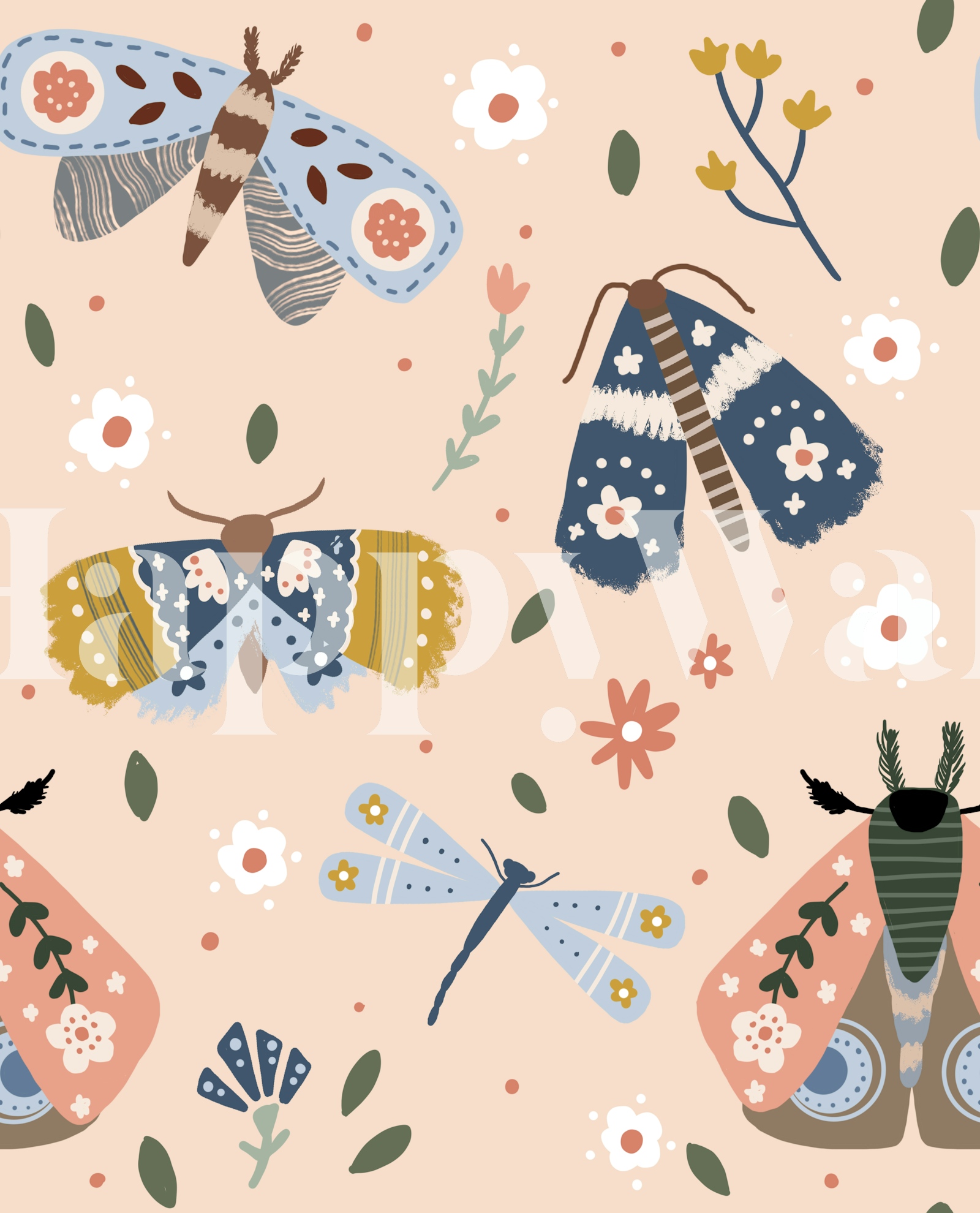 Colorful Moth Floral Wallpaper for Kids Room