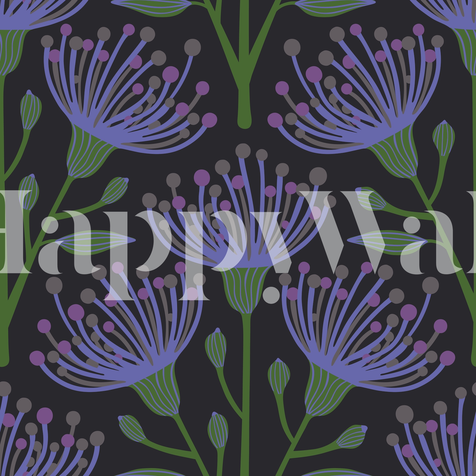 Dark Purple Floral Wallpaper with Eucalyptus Design