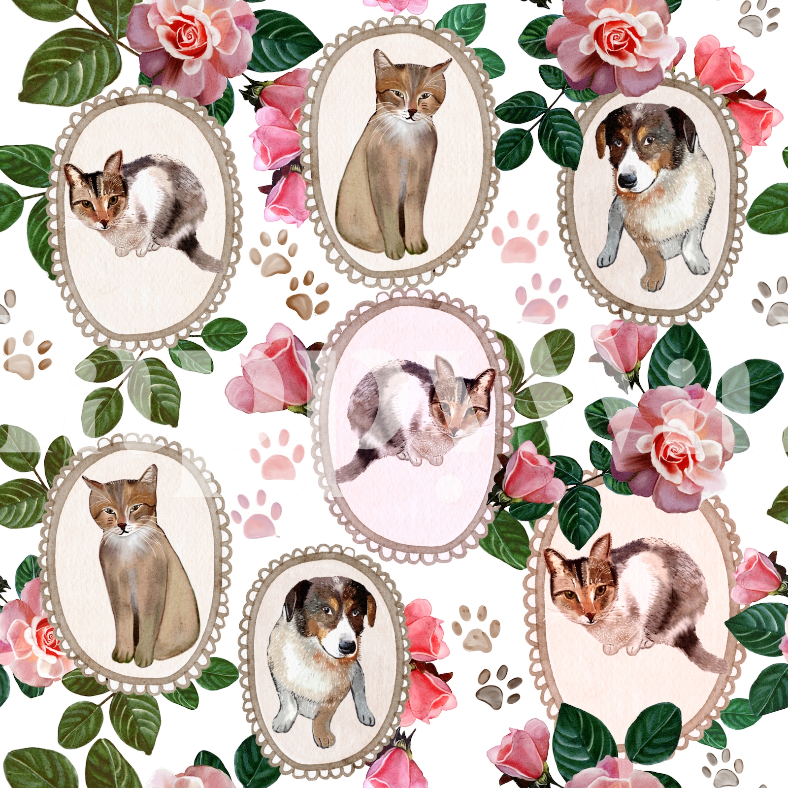 Cats Dogs Floral Wallpaper with Watercolor Roses