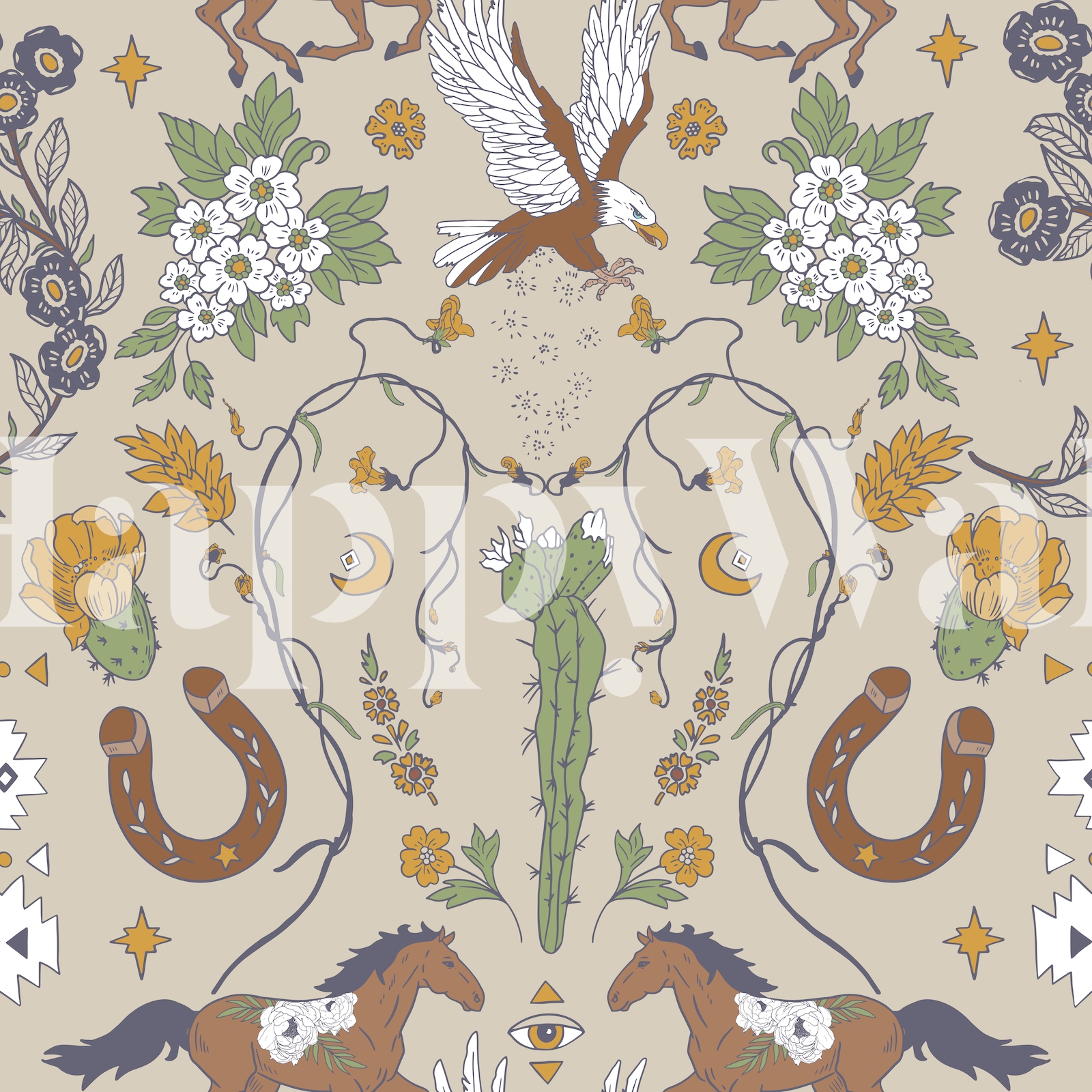 Western Floral Wallpaper with Horses and Cacti