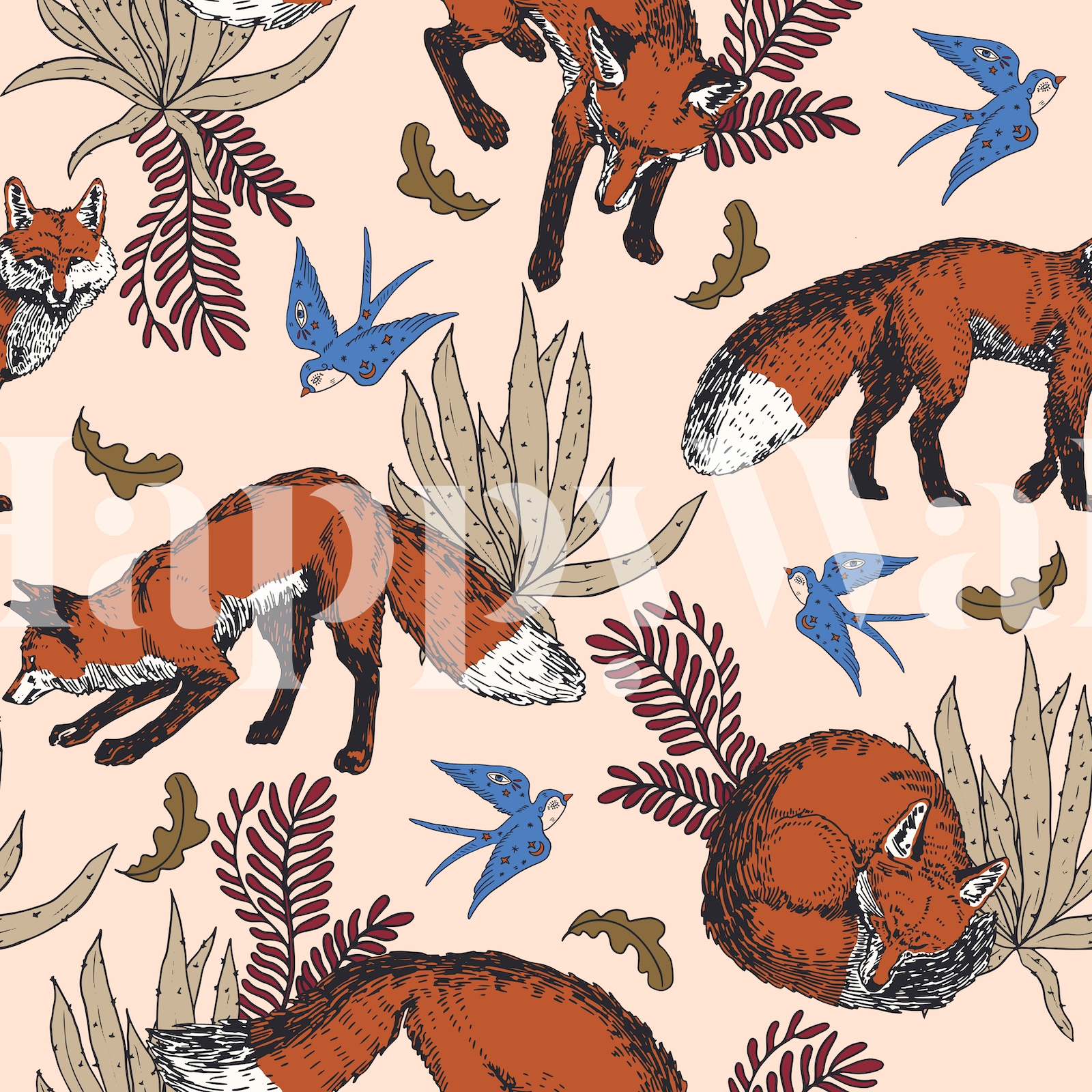 Fox and Floral Bohemian Wallpaper