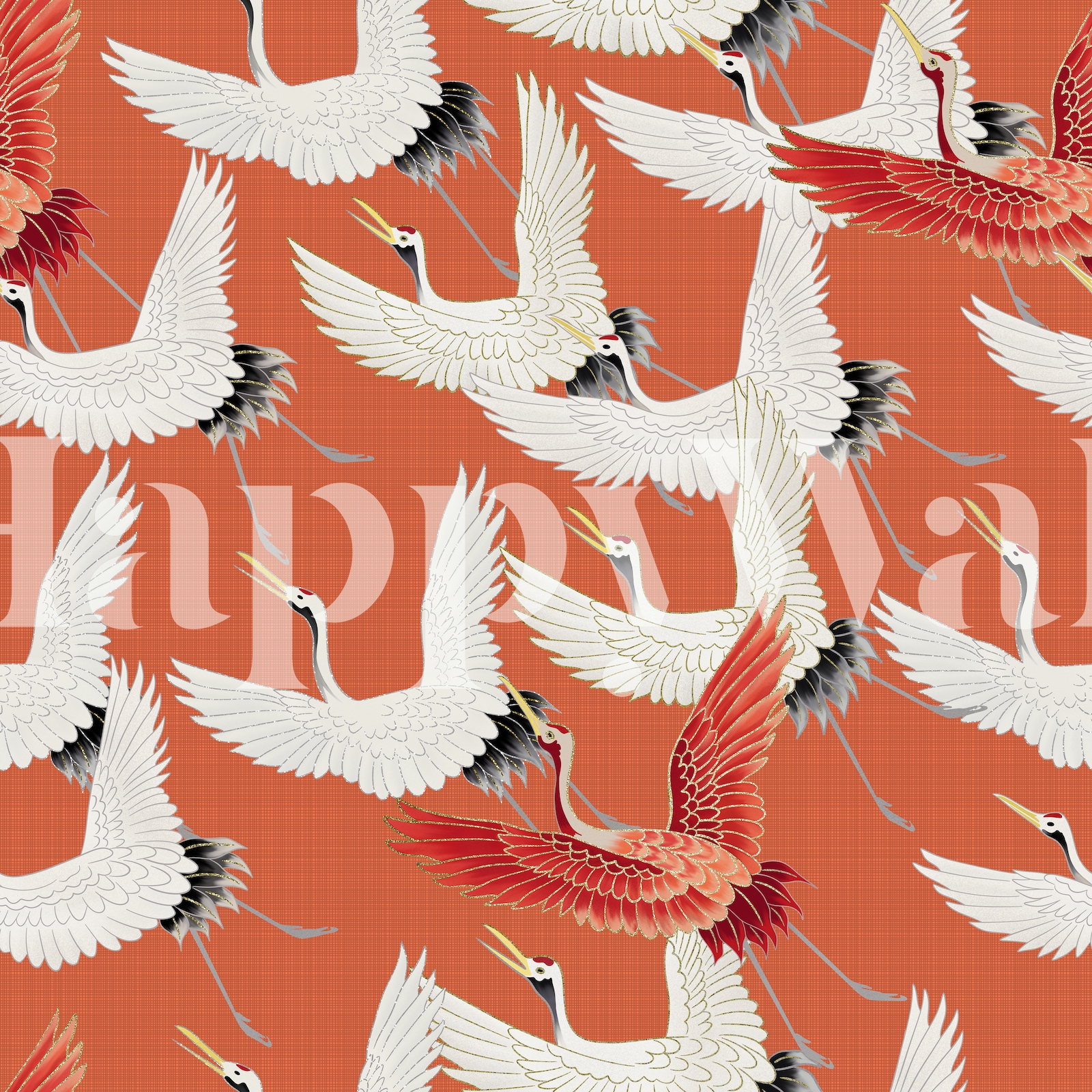 Japanese Crane Pattern Orange Wallpaper