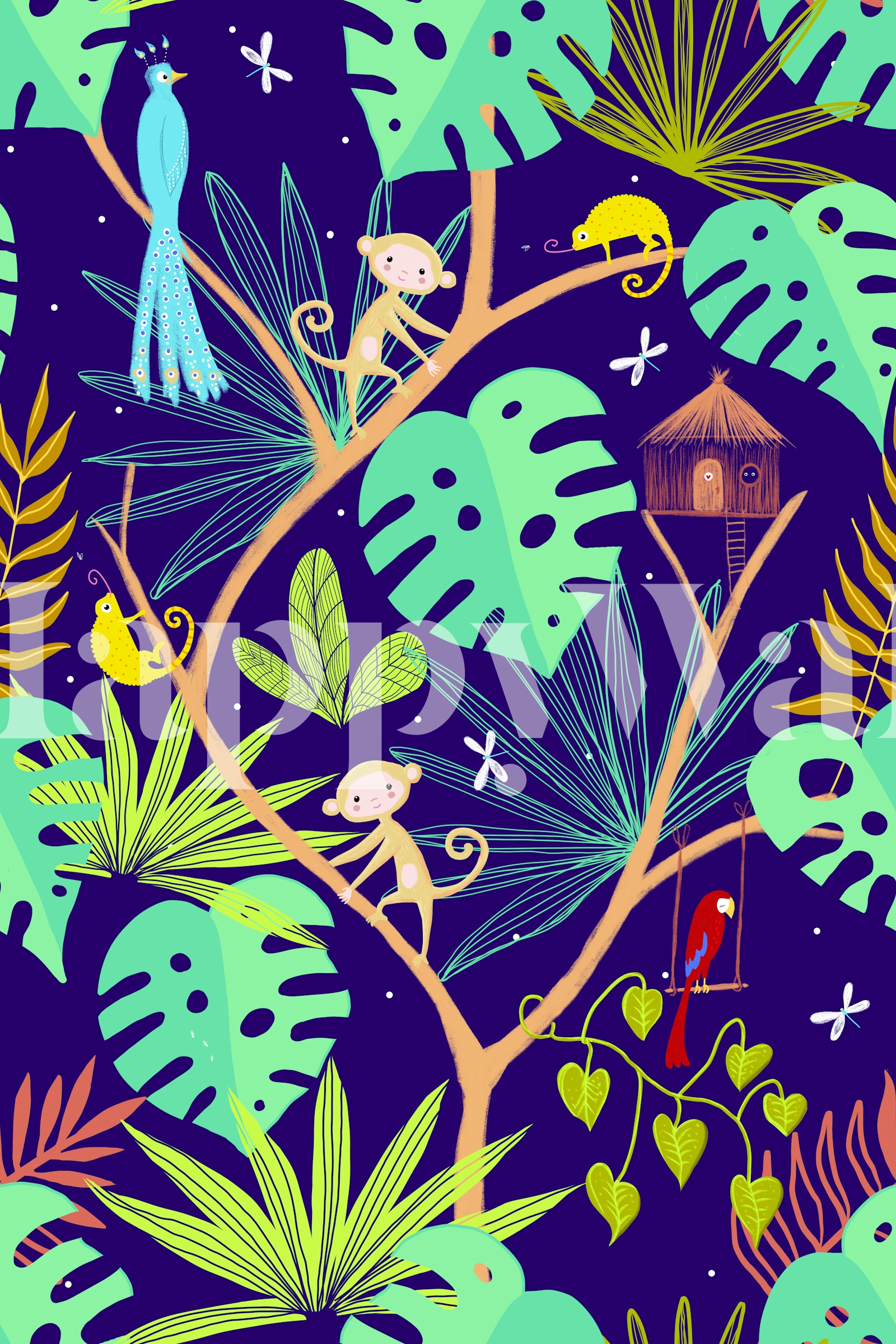 Jungle with Parrots and Monkeys Wallpaper | Happywall