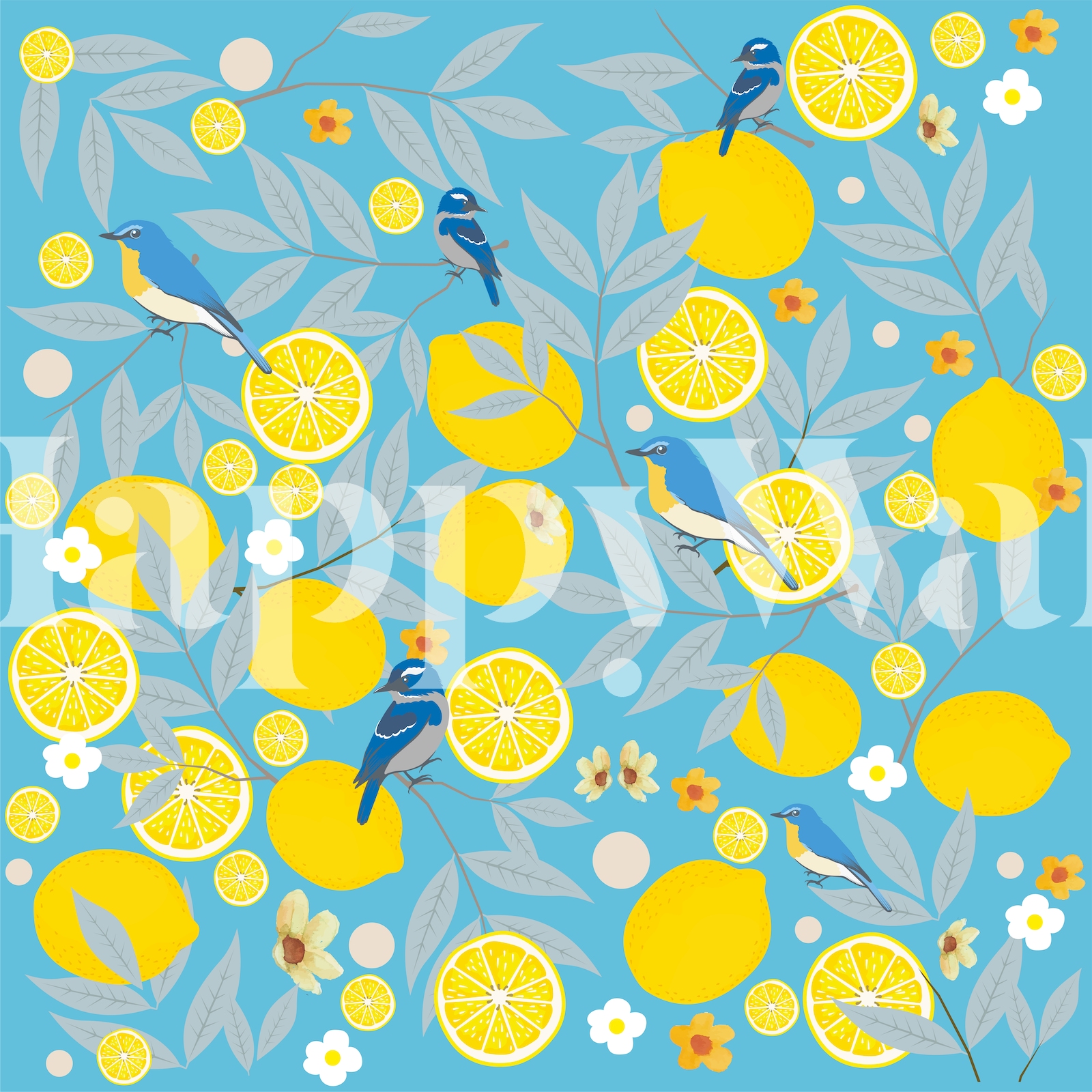 Blue Lemon Bird Wallpaper for Kitchen or Nursery