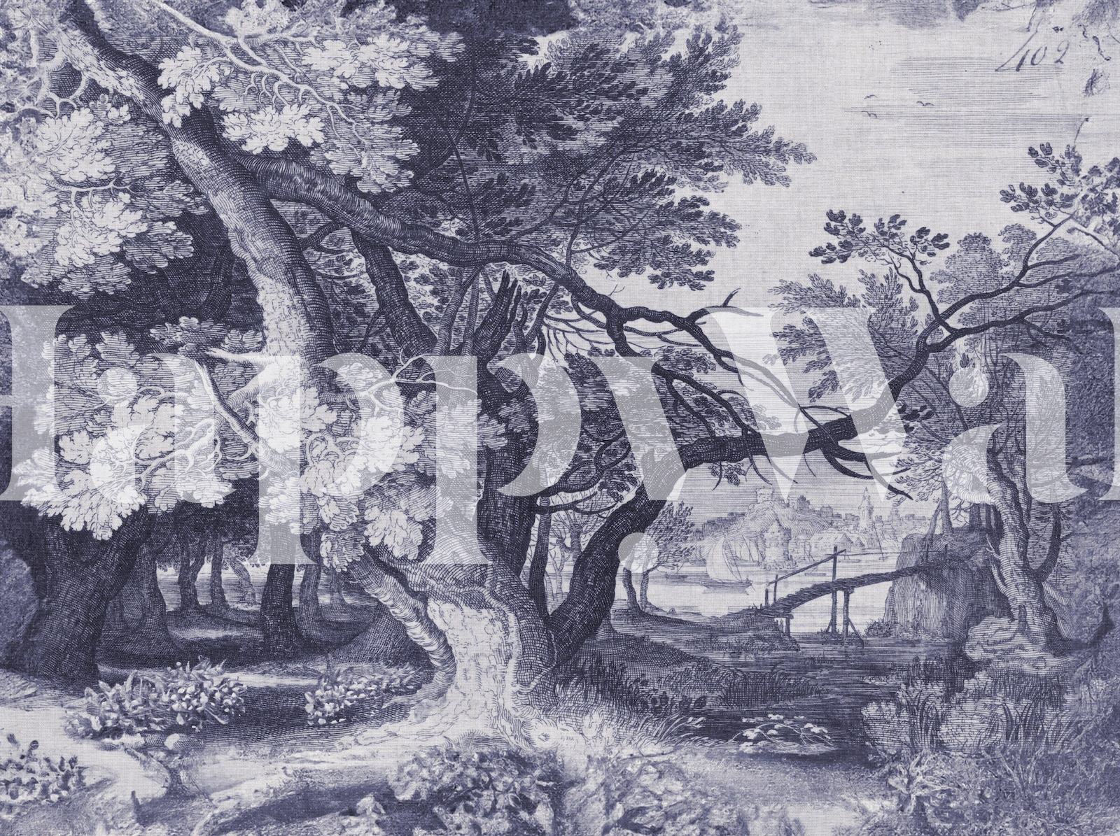 Blue Tree Etching Landscape Wallpaper