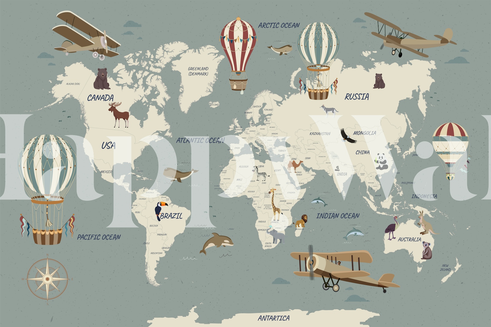 Pastel Blue World Map Wallpaper for Kids