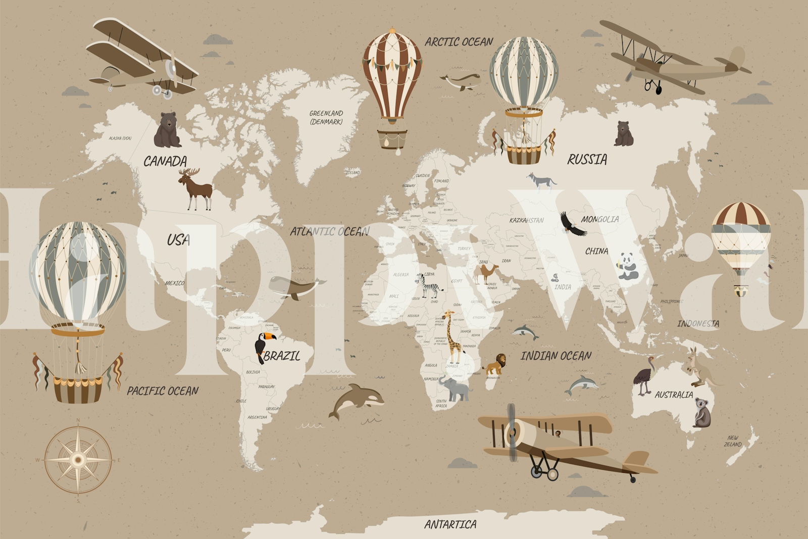 Kids Travel Map Wallpaper - Sepia Design