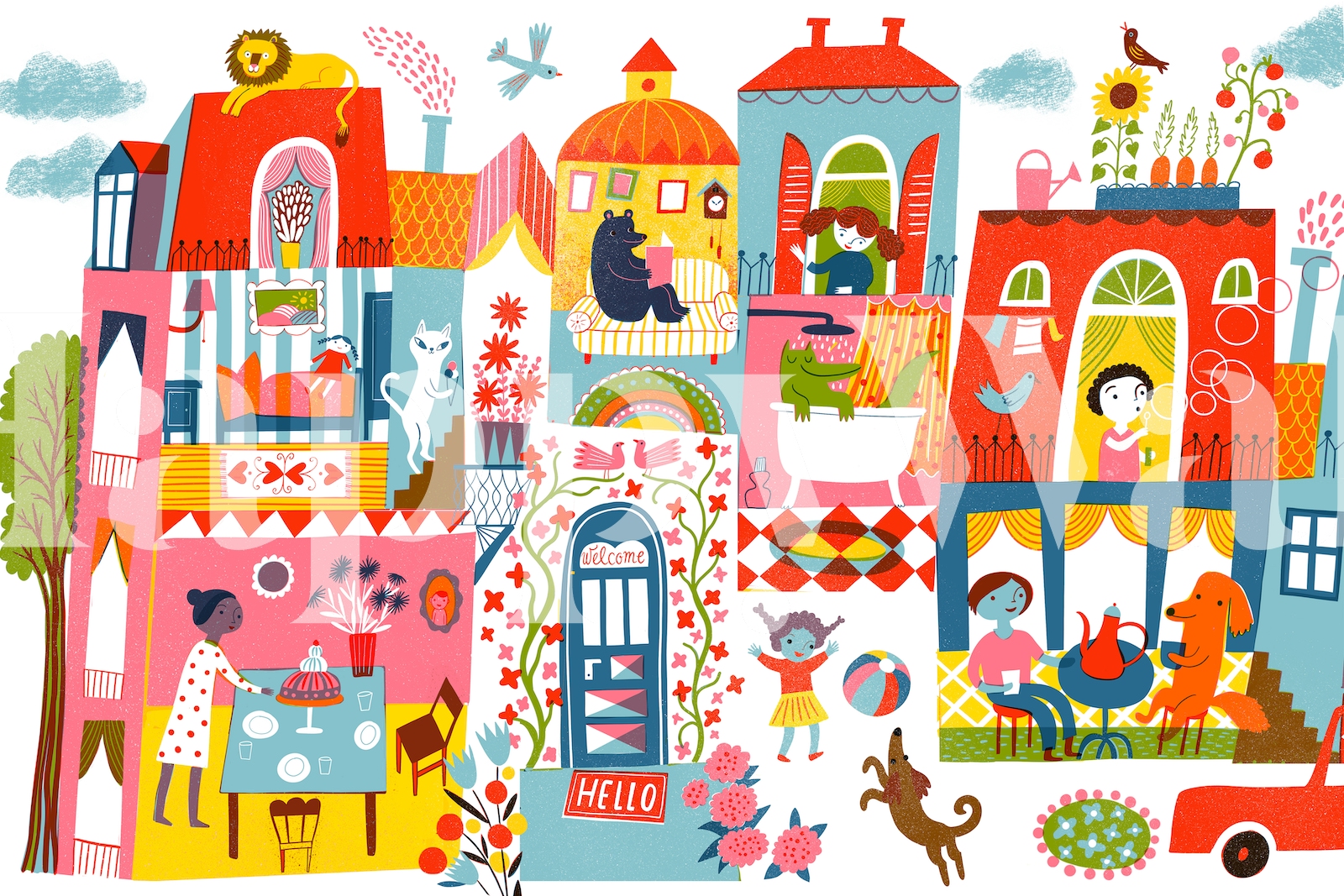 Colorful Cat and Dog House Wallpaper