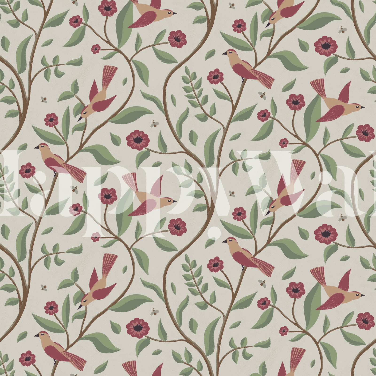 Beige Floral Bird Wallpaper for Living Room