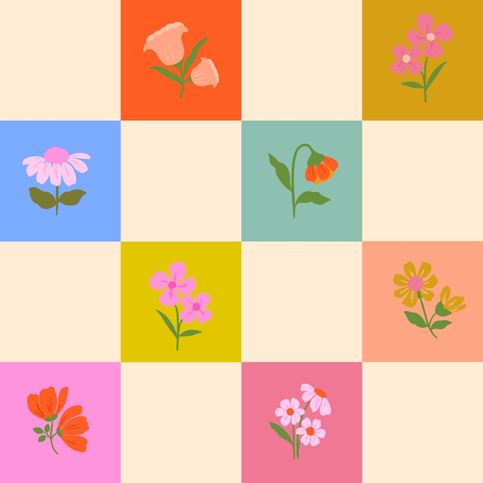 Colorful Floral Checkered Wallpaper