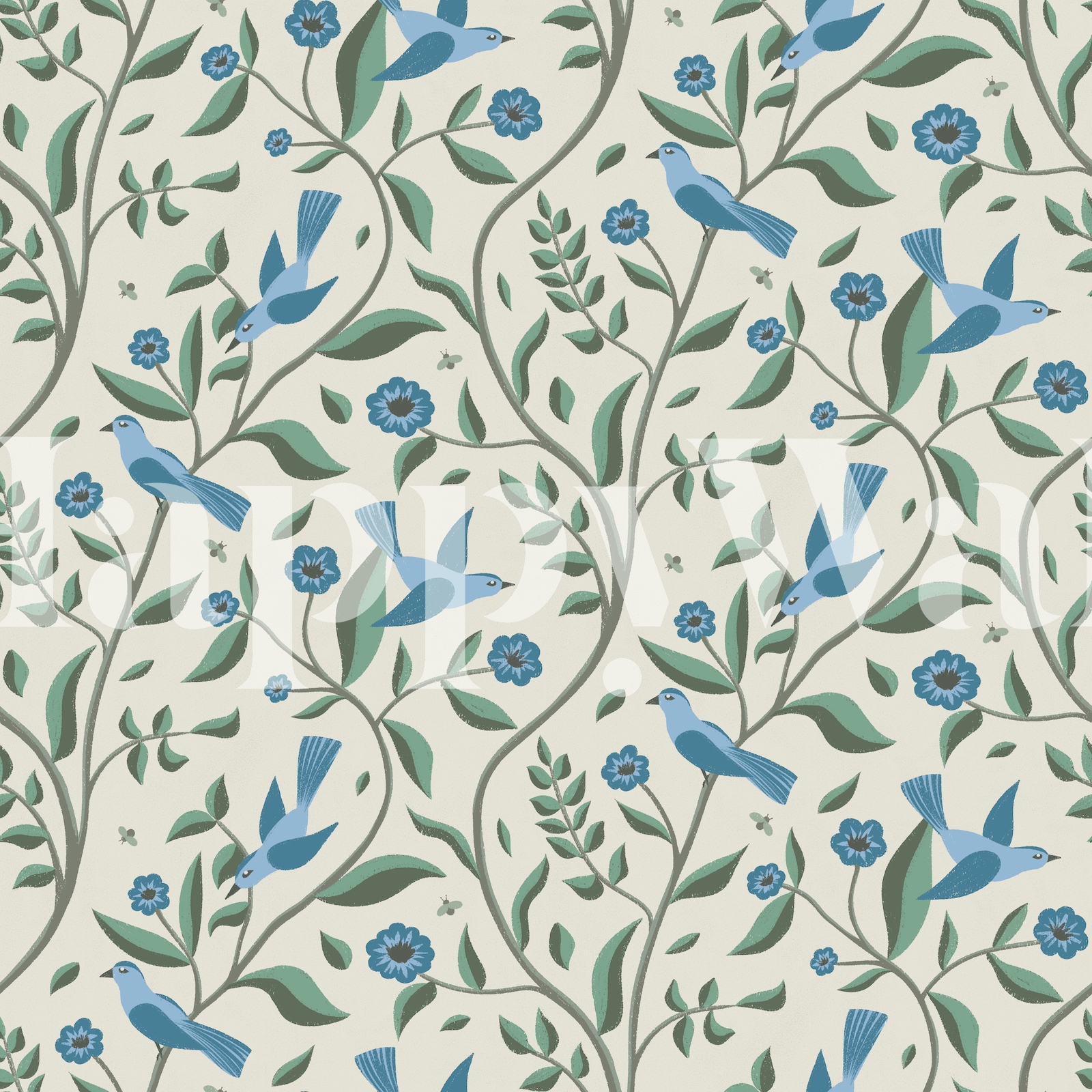 Forest Birds Blue Green Cream Wallpaper