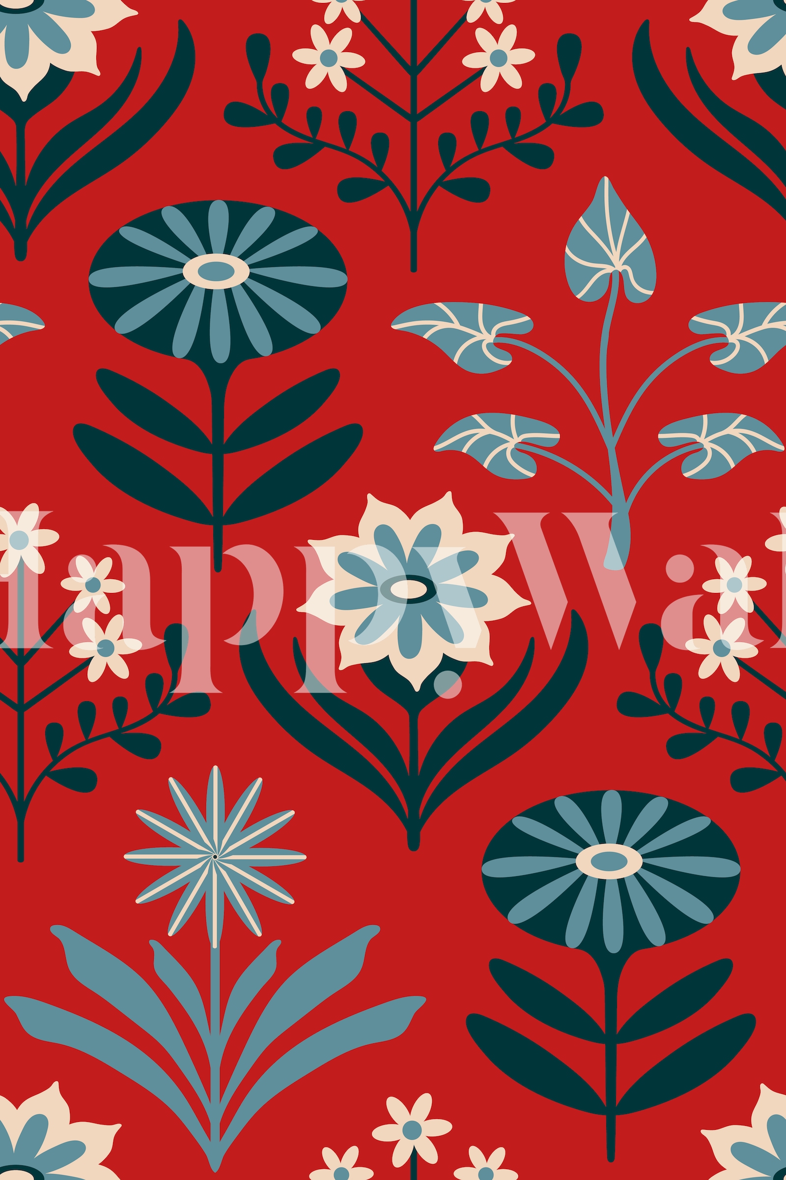 Deep Red Floral Retro Wallpaper