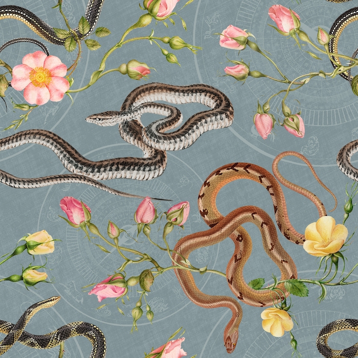 Snake and Floral Wallpaper in Slate Blue