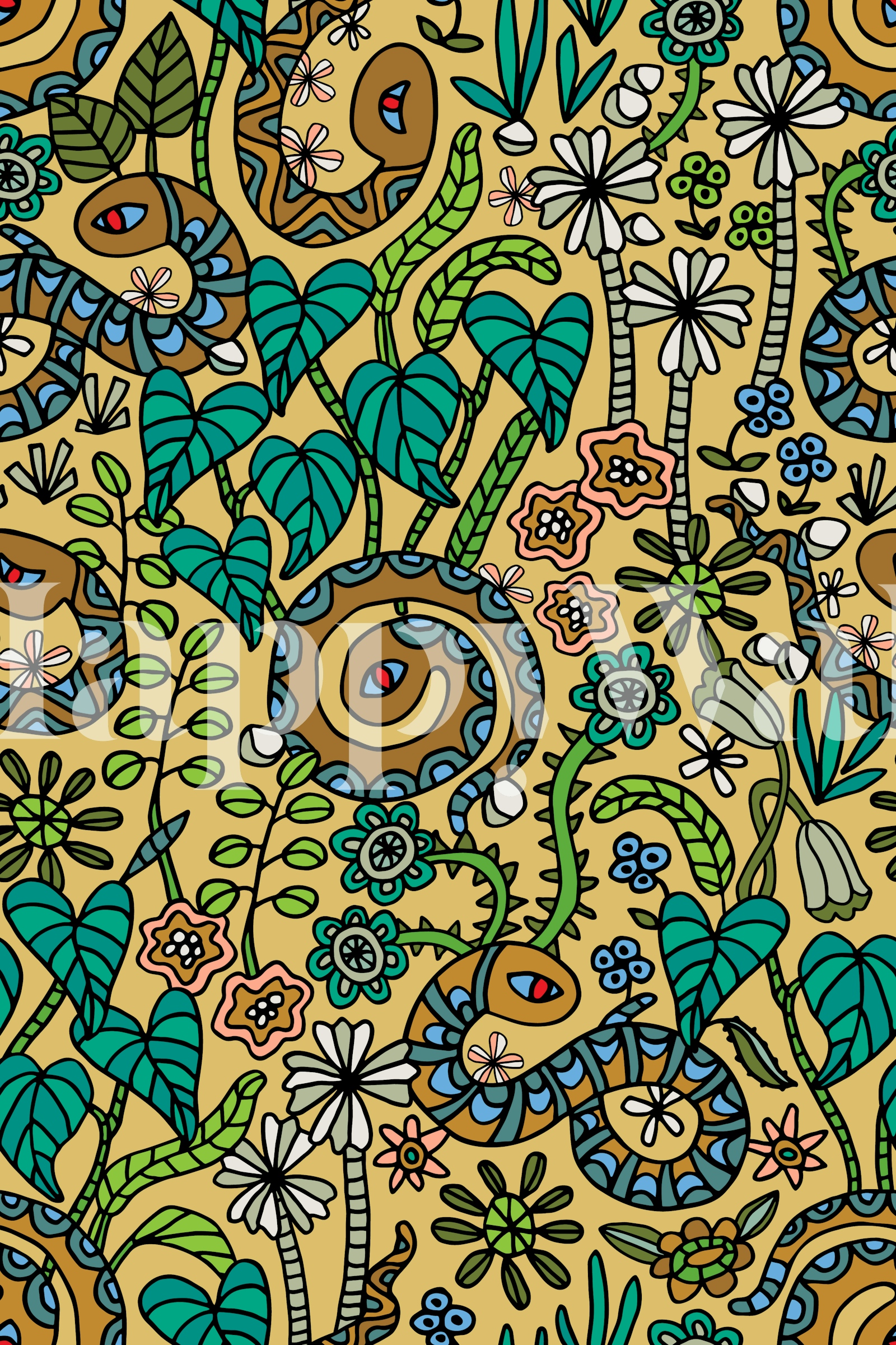 Yellow Retro Snakes Floral Wallpaper