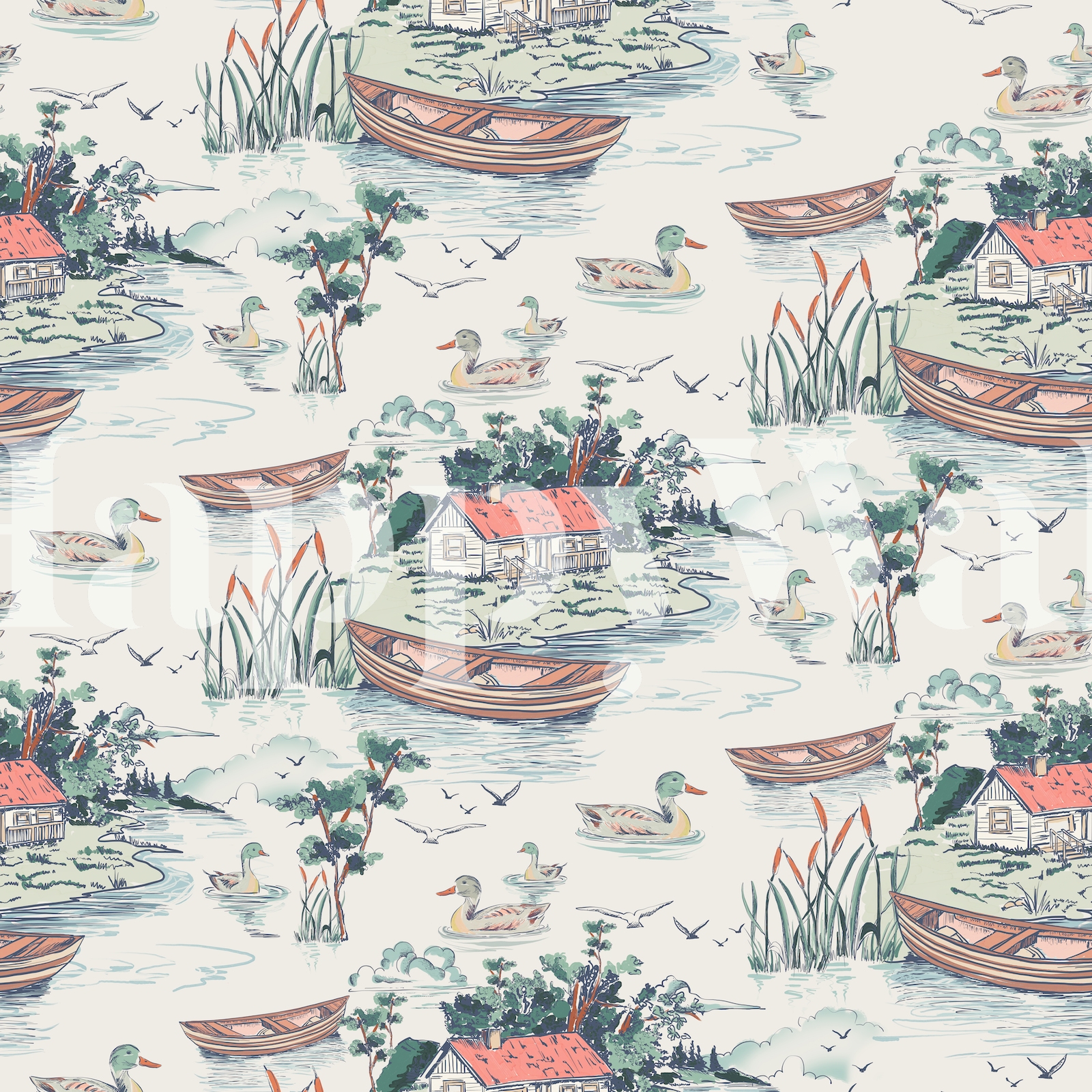 Vintage Lake Scene Wallpaper with Ducks and Cabins